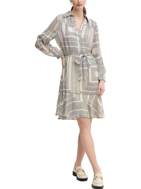 MARC AUREL Geometric Print Belted Shirt Dress - Neutrals