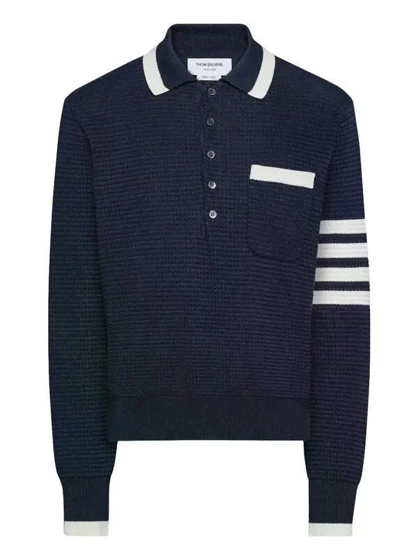 Thom Browne Textured Stitch 4-bar Relaxed Long-sleeve Polo Shirt - Blue