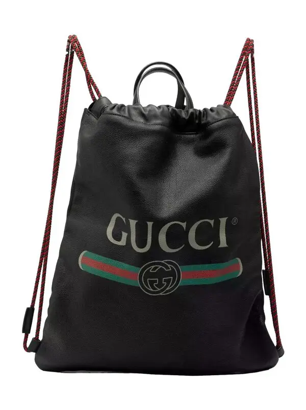 Gucci Leather Logo Drawstring Backpack - Black