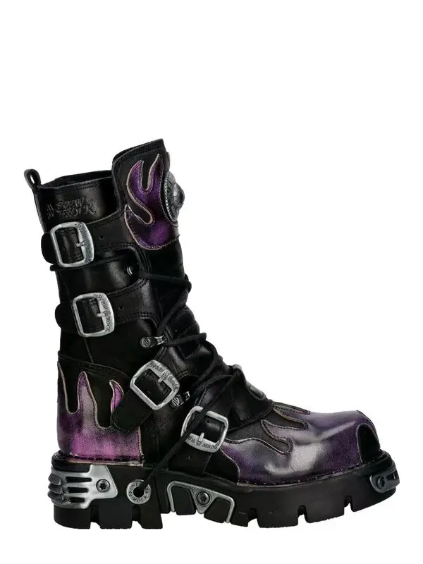 NEW ROCK Flame Design Leather Boots - Black