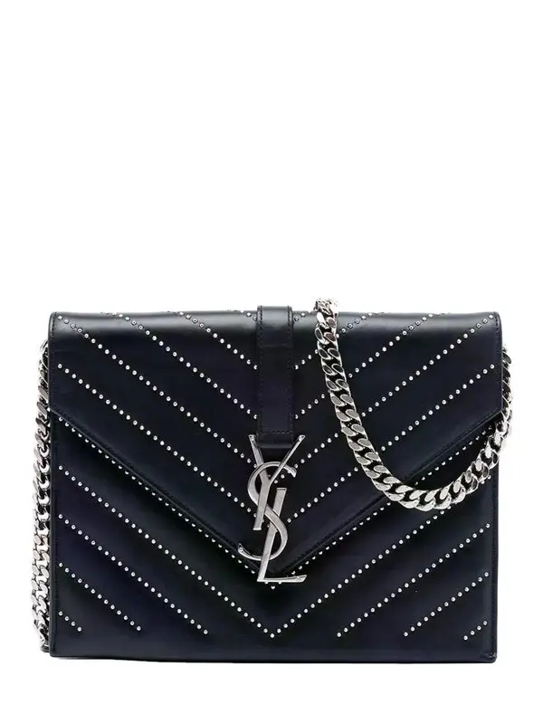 Saint Laurent 2014 Studded Chevron Calfskin Monogram Envelope Chain Crossbody Bag - Black