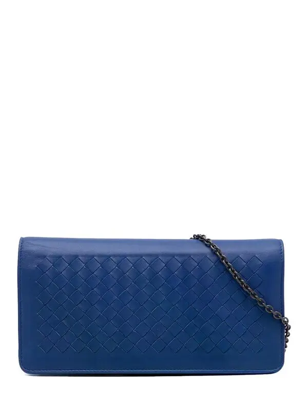 Bottega Veneta Nappa Intercciato Flap Wallet On Chain Crossbody Bag - Blue