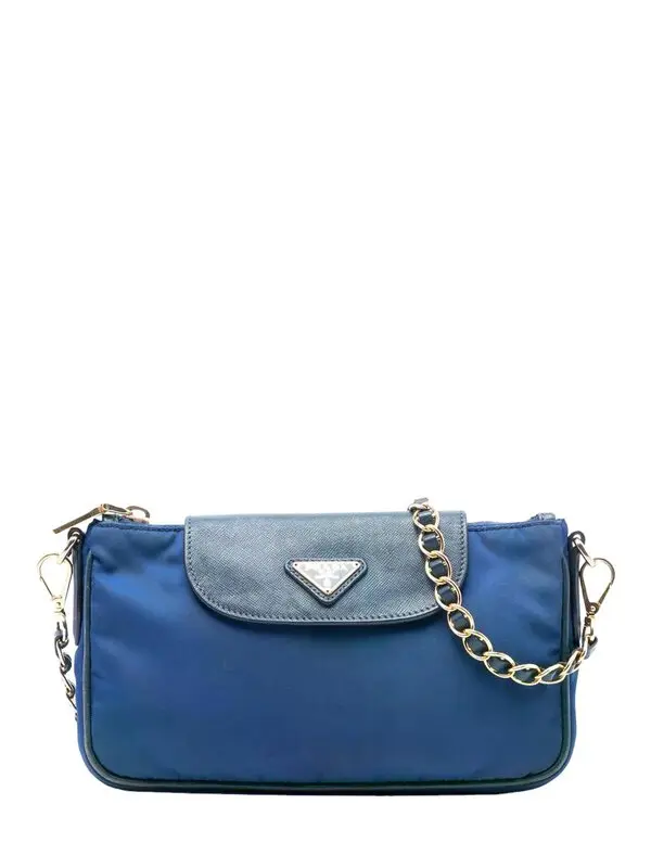 Prada Saffiano Trimmed Tessuto Chain Crossbody Bag - Blue