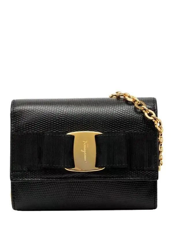 FERRAGAMO 2010-2026 Mini Textured Leather Vara Bow Convertible Chain Crossbody Bag - Black