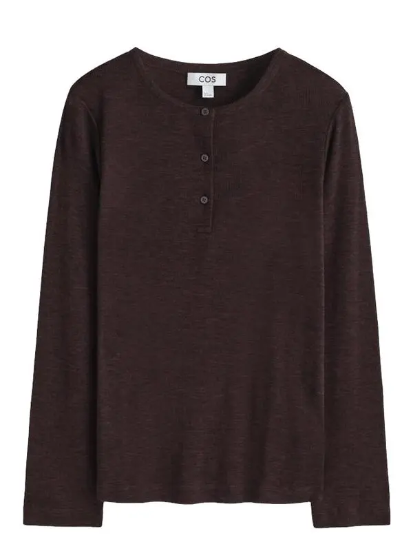 Cos Ribbed Wool Henley Top - Brown