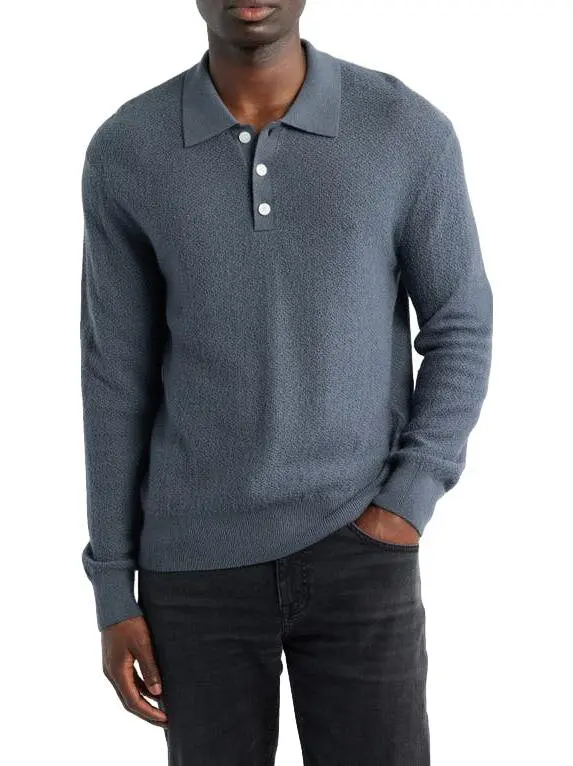 FRAME Long Sleeve Wool Polo Sweater - Blue Grey
