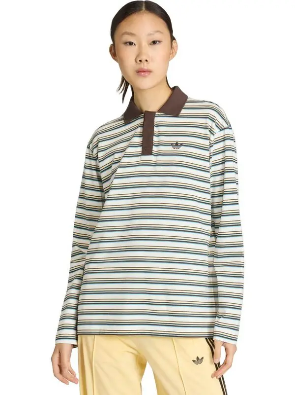 Adidas Striped Oversized Long Sleeve Polo Shirt - Off White
