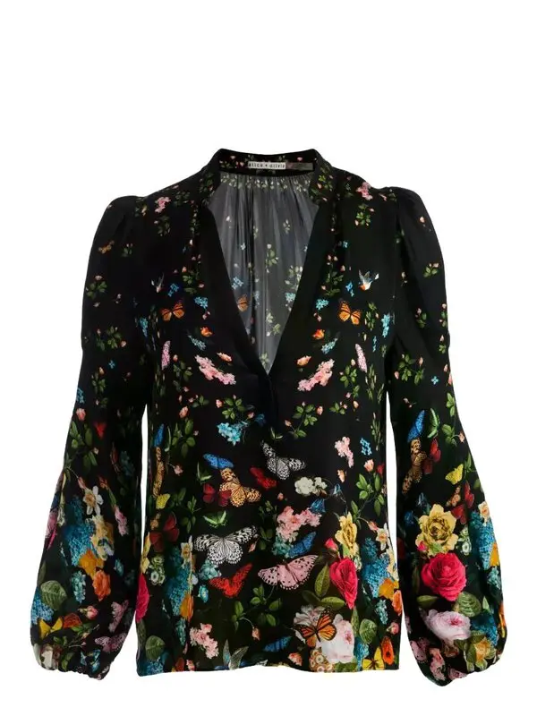Alice + Olivia Helen Floral V-neck Blouse - Black