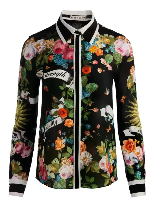 Alice + Olivia Floral Collared Silk Shirt - Black