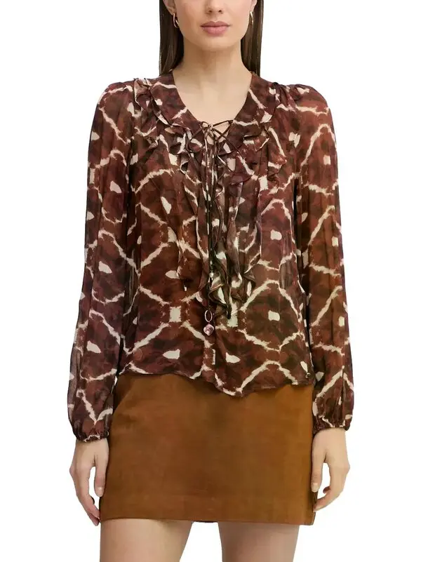 PEDRO DEL HIERRO Patterned Ruffled Trim Top - Brown