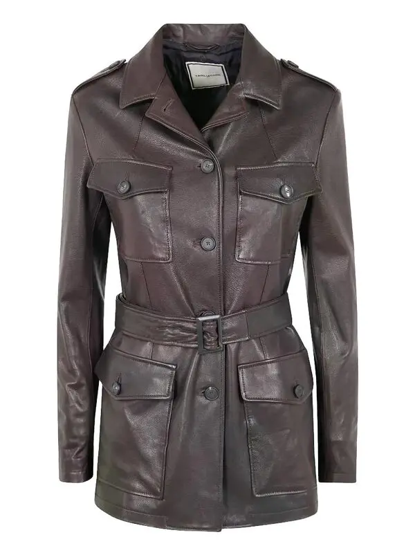 Tagliatore Buttoned Belted Leather Jacket - Brown