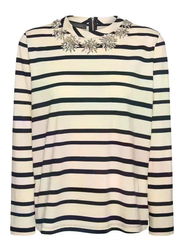 ELENA MIRO` Striped Floral-embroidery Top - Neutrals