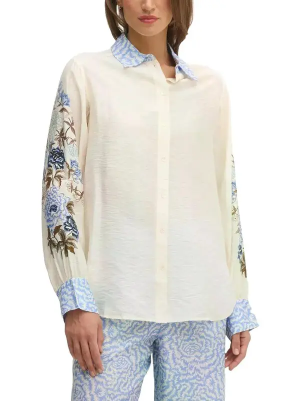 MOS MOSH Floral-embroidered Collared Shirt - Neutrals