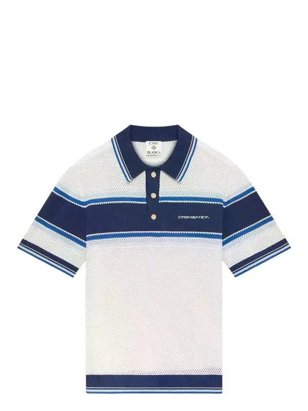 Casablanca Blue Striped Mesh Short Sleeve Polo Shirt - White