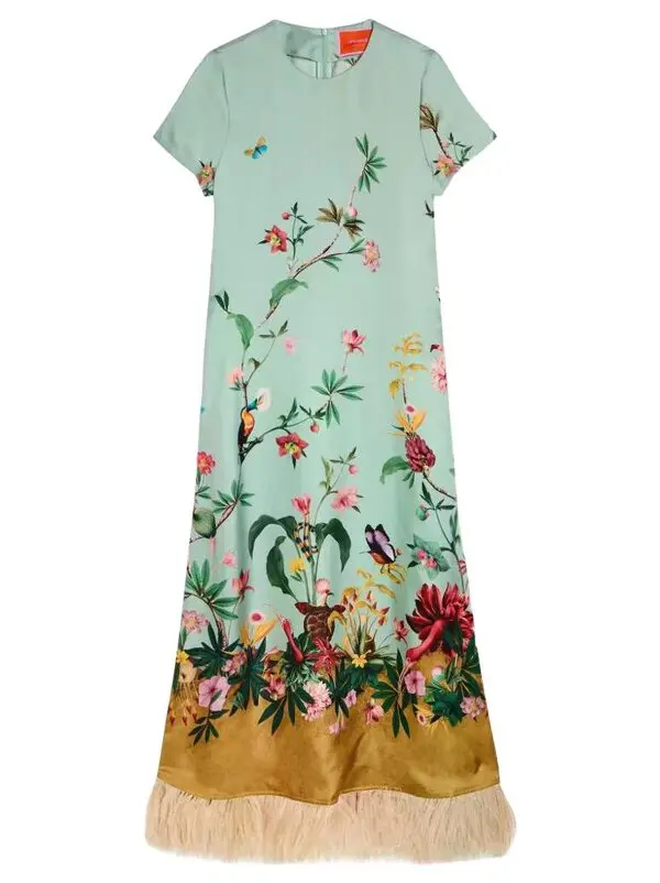 La DoubleJ Floral-print Fringed Maxi Dress - Green
