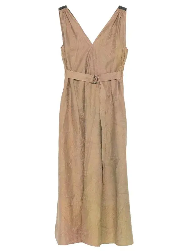 Brunello Cucinelli V-neck Belted Midi Dress - Brown