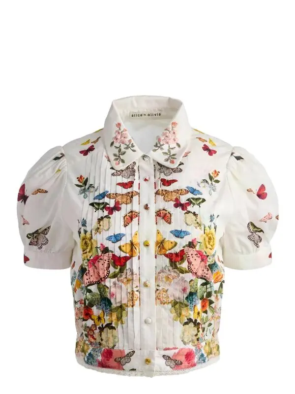 Alice + Olivia Floral Puff-sleeve Cropped Shirt - White