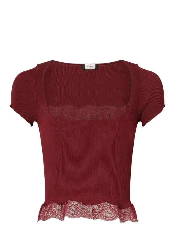 Saint Laurent Cropped Leavers Lace-trimmed Silk-jersey Top - Burgundy