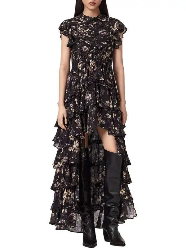 ALLSAINTS Shaela Floral Tiered Ruffle High-low Dress - Vine Black