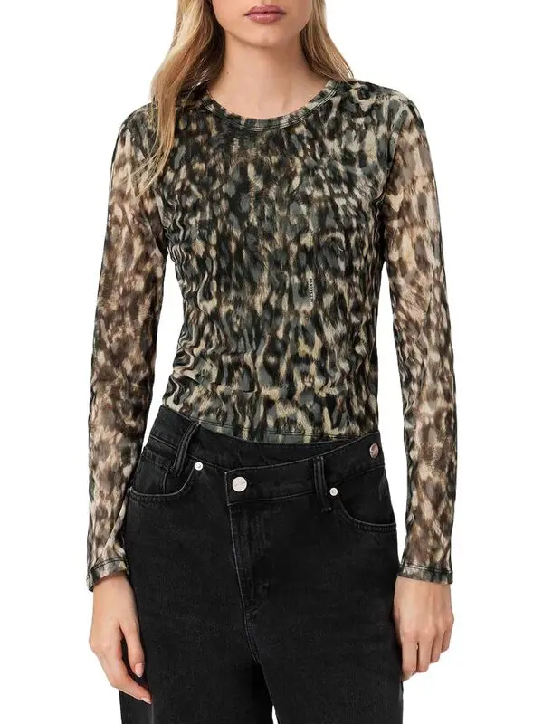 ALLSAINTS Ellie Floral Long Sleeve Mesh T-shirt - Leppo Brown