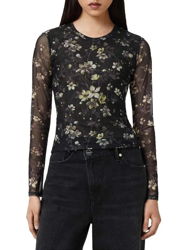 ALLSAINTS Ellie Floral Long Sleeve Mesh T-shirt - Vine Black