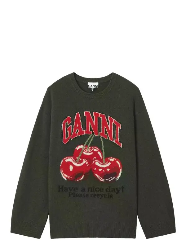 GANNI Cherry-print Knitted Sweater - Green