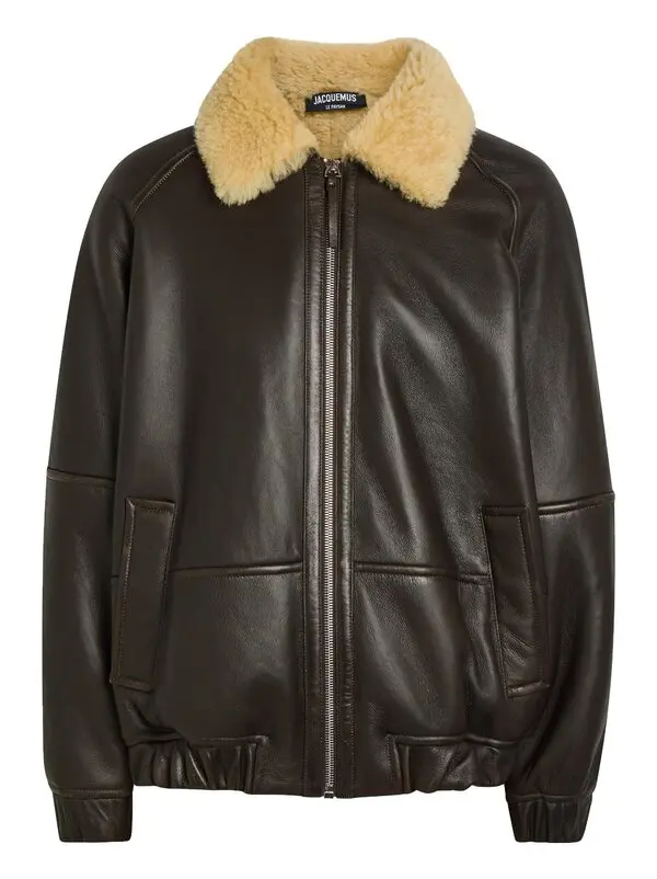 Jacquemus Le Bombardier Leather Bomber Jacket - Dark Brown