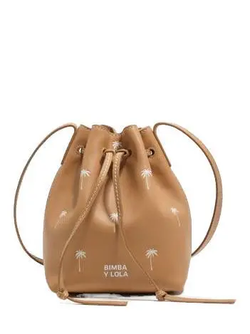 Bimba Y Lola Small Palms Print Leather Carlino Bucket Bag - Hazelnut