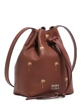 Bimba Y Lola Small Palms Print Leather Carlino Bucket Bag - Nut