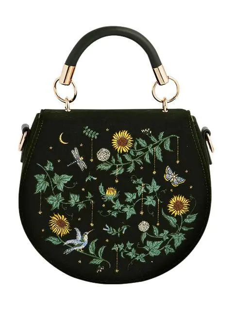 FABLE ENGLAND Charlotte Sunflower Top Handle Purse - Dark Green