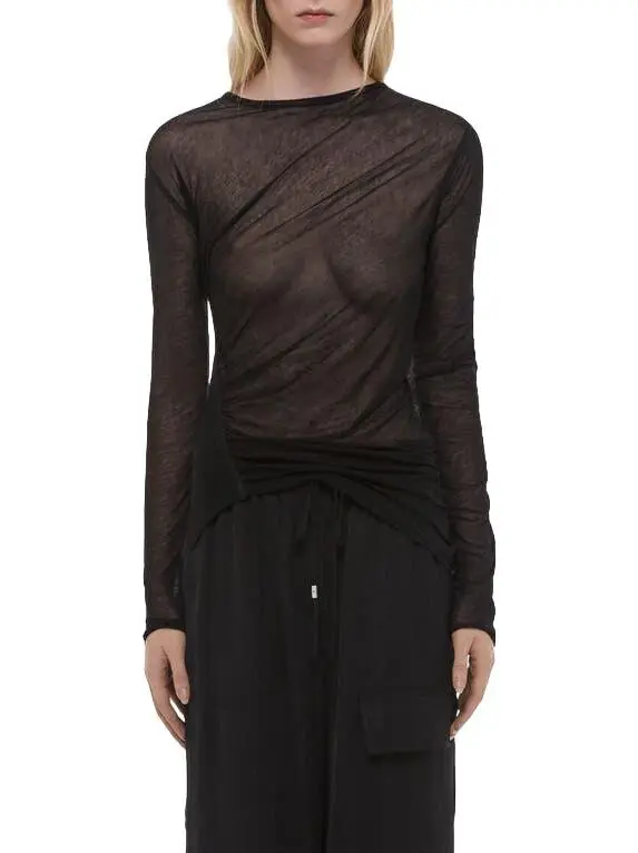 Helmut Lang Ruched Asymmetric Hem Cotton Top - Black