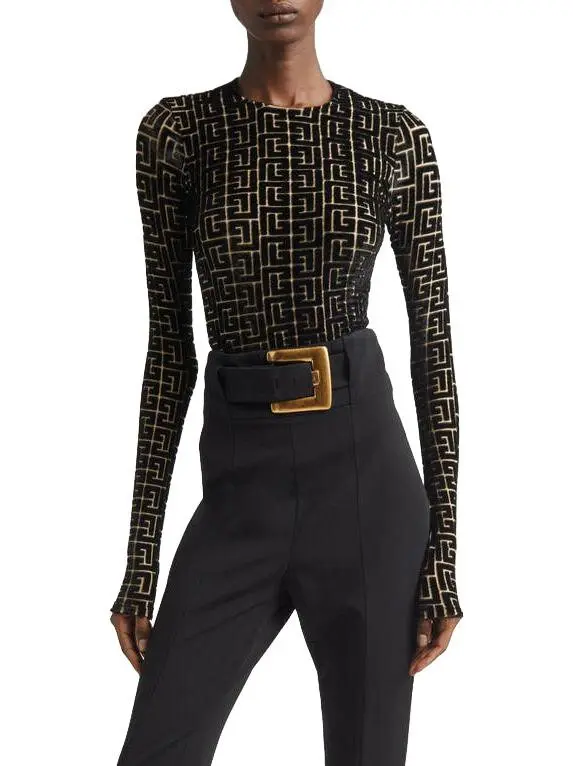 Balmain Monogram Jacquard Devoré Velvet Top - Ead Black/gold