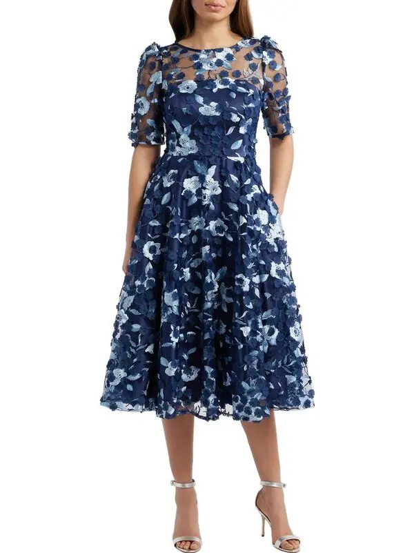 Eliza J Floral Embroidered Appliquè Fit & Flare Cocktail Dress - Navy