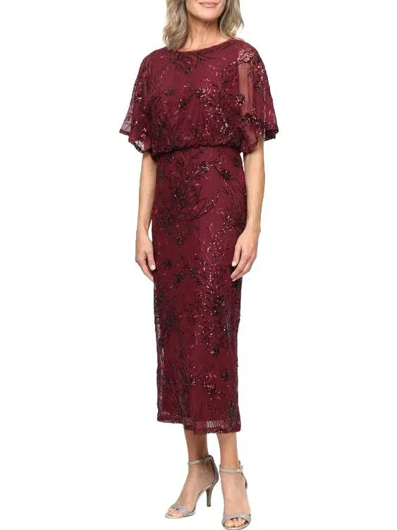 SL FASHIONS Sequin Blouson Bodice Gown - Wine