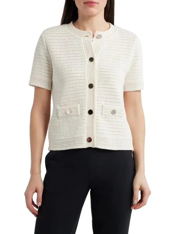 Anne Klein Textured Stitch Cotton Cardigan - White Dove