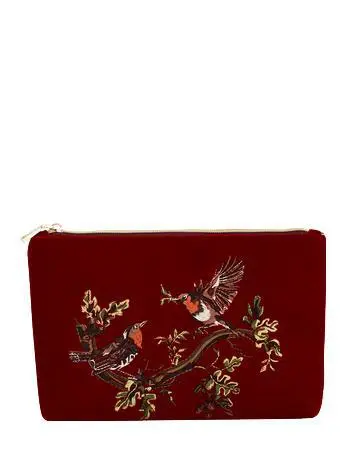 FABLE ENGLAND Robin Love Embroidered Medium Pouch - Ruby Red