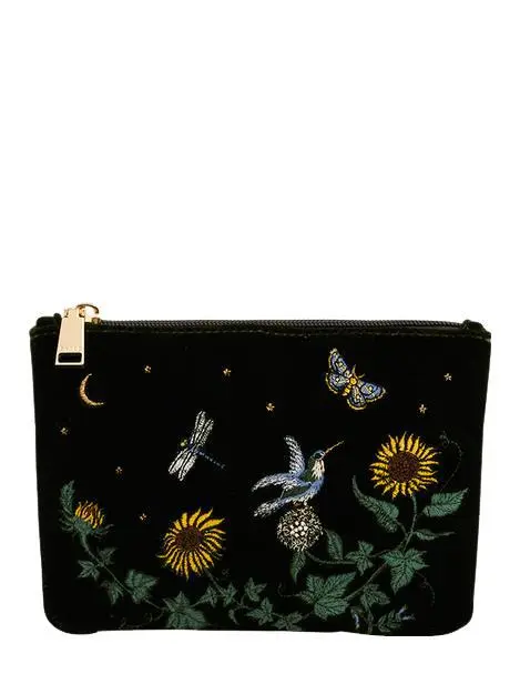 FABLE ENGLAND Sunflower Velvet Embroidered Pouch - Dark Green