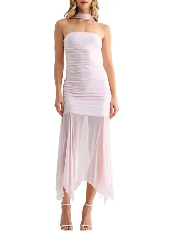 ALL IN FAVOR Ruched Drop Waist Midi Dress With Scarf - Blush