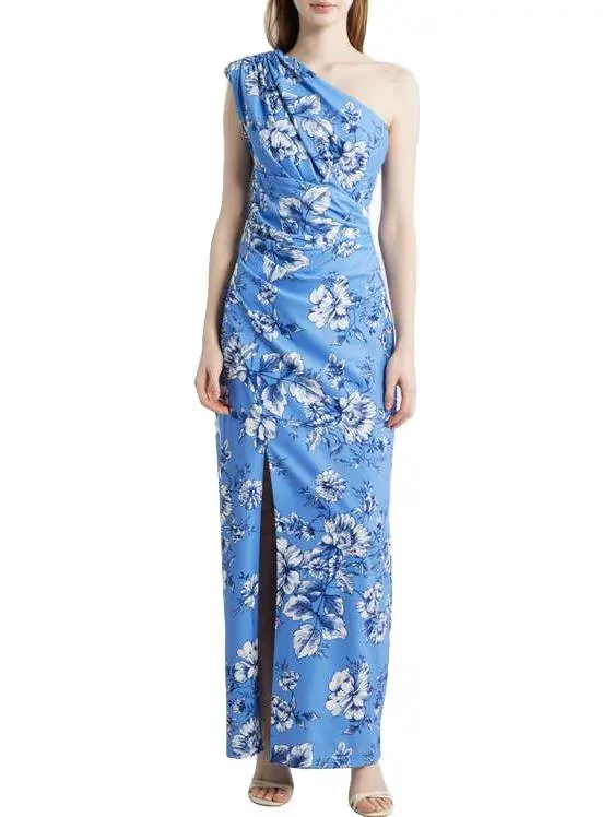 Vince Camuto Toile One-shoulder Scuba Crepe Column Gown - Blue