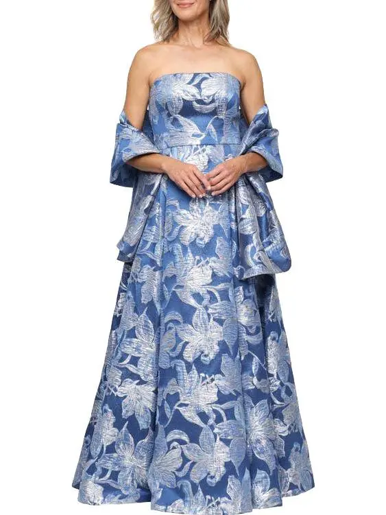 Alex Evenings Strapless Floral Jacquard Gown With Shawl - Brushed Periwinkle