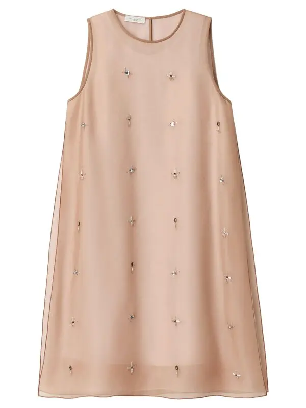 Lafayette 148 New York Hand Beaded Silk Organza Shift Dress - Brownstone