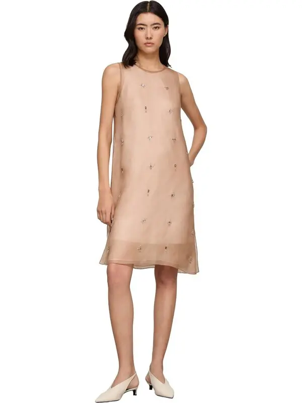 Lafayette 148 New York Hand Beaded Silk Organza Shift Dress - Brownstone