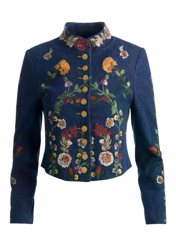 Alice + Olivia Floral-embroidered Denim Jacket - Blue