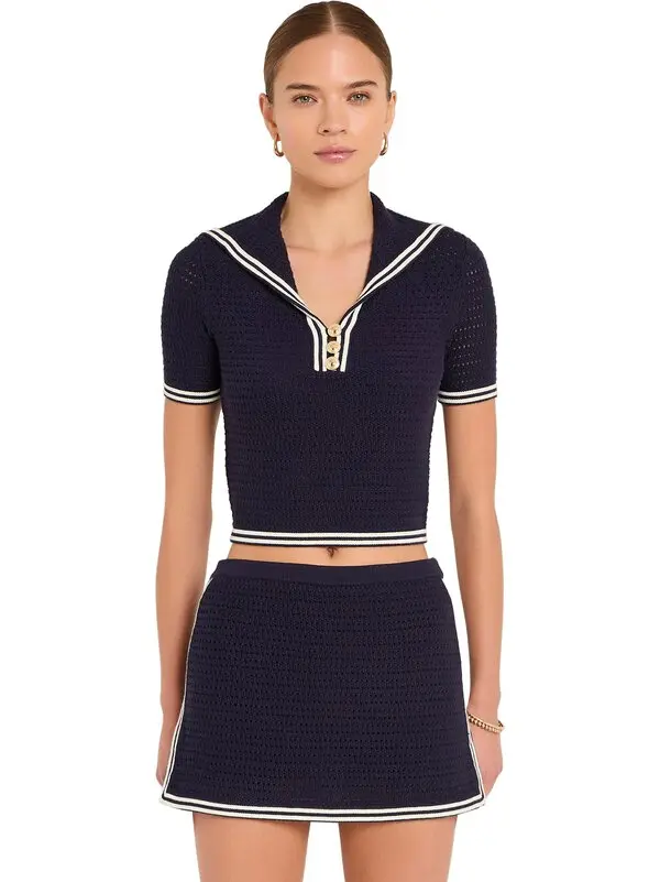 Amanda Uprichard Monique Short Sleeve Knit Top - Navy/ Ivory