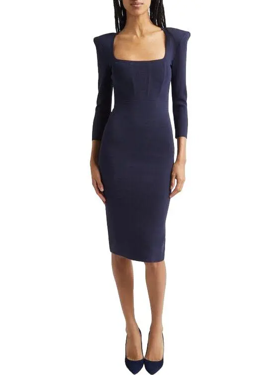 L'Agence Padded Shoulder Corset Knit Midi Dress - Midnight/gold