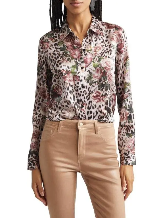 L'Agence Tyler Leopard Rose Print Shirt - Small Rose Cheetah