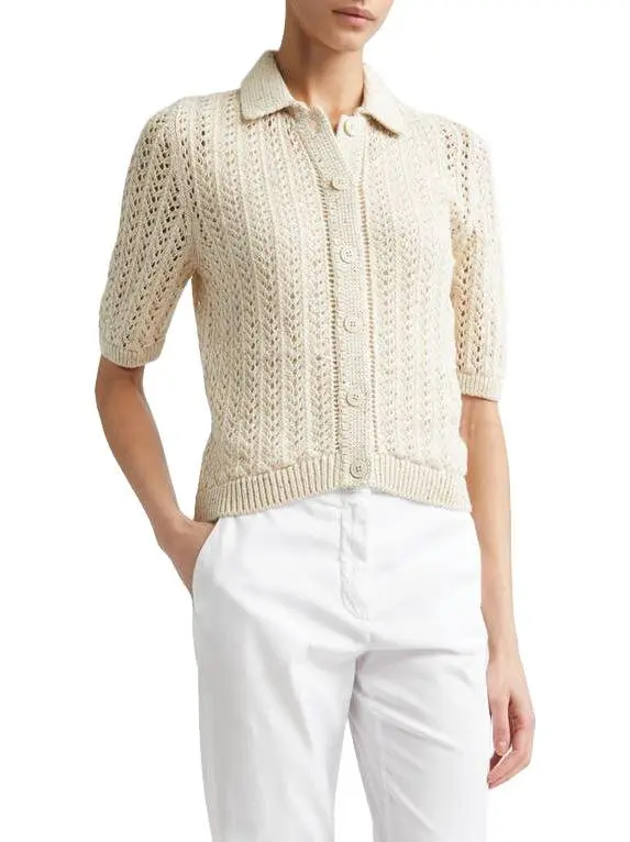 Eleventy Open Stitch Cotton & Linen Blend Polo - 00 Ivory