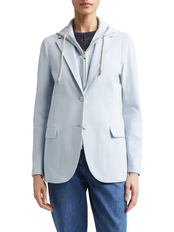 Eleventy Laser-cut Cotton-blend Knit Jacket With Hooded Zip Inset - 130 Sky Blue