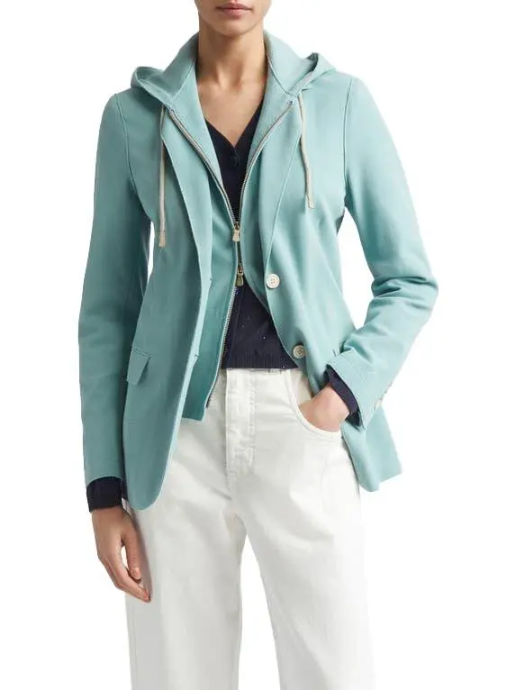 Eleventy Laser-cut Cotton-blend Knit Jacket With Hooded Zip Inset - 175 Jade