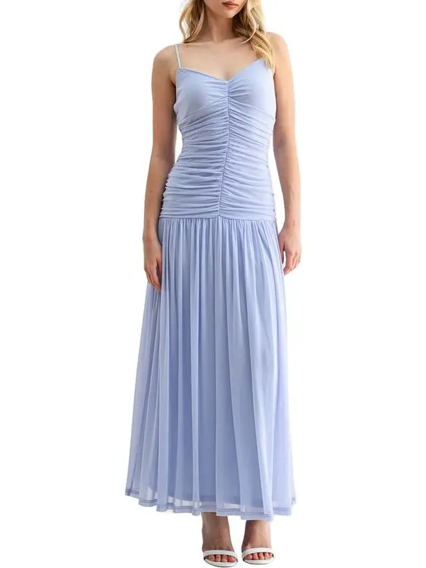 ALL IN FAVOR Ruched Drop Waist Chiffon Midi Dress - Periwinkle
